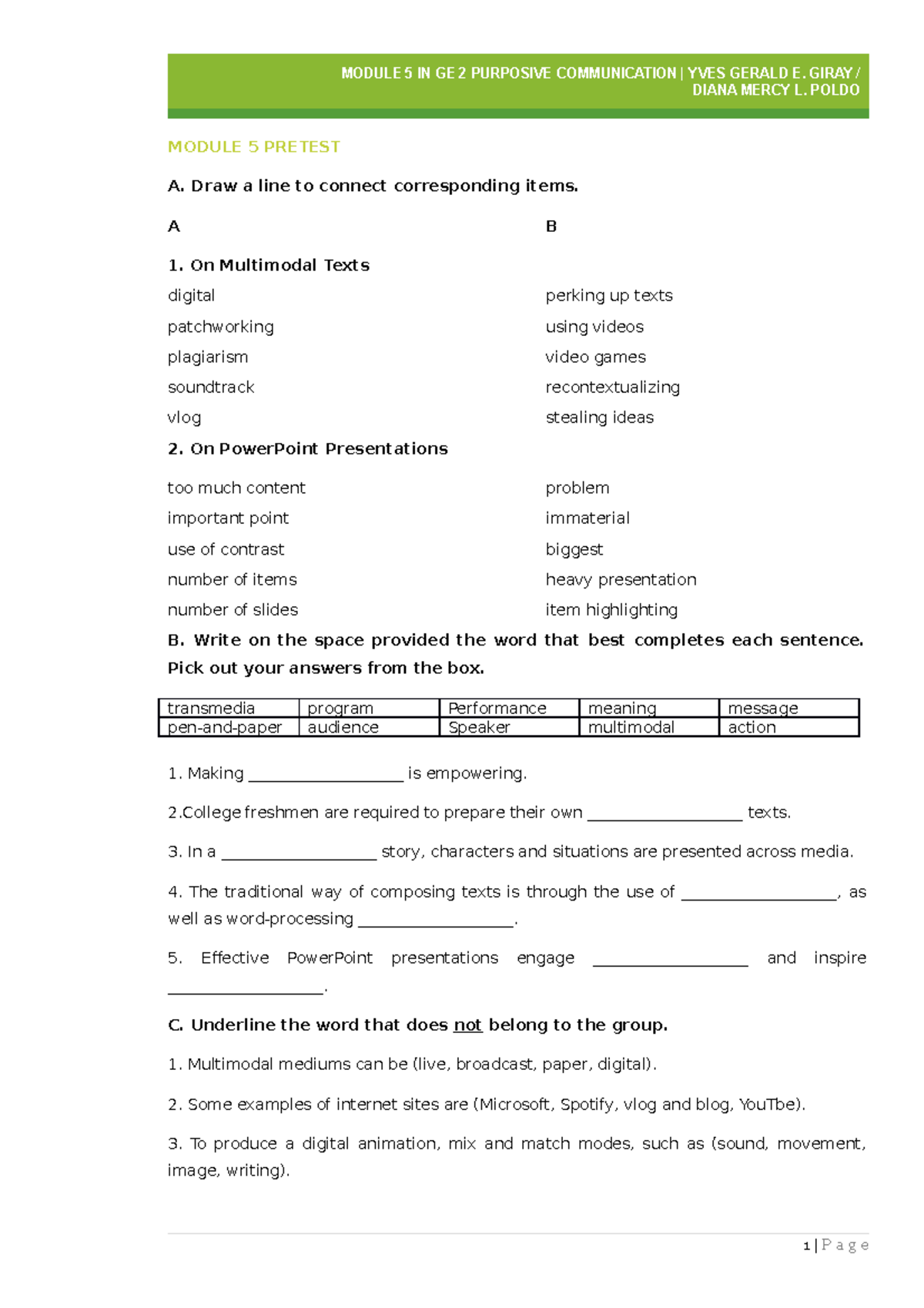 Module 5 in GE 2 Purposive Communication - DIANA MERCY L. POLDO MODULE ...
