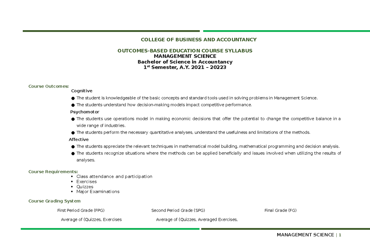 Management science syllabus for bsa - OUTCOMES-BASED EDUCATION COURSE ...