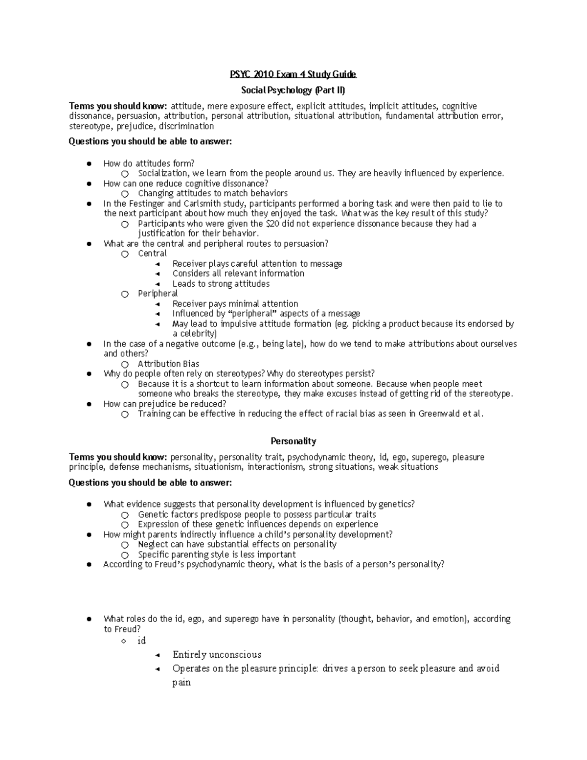 PSYC 2010 Exam 4 Study Guide-2 - PSYC 2010 Exam 4 Study Guide Social Psychology (Part II) Terms ...