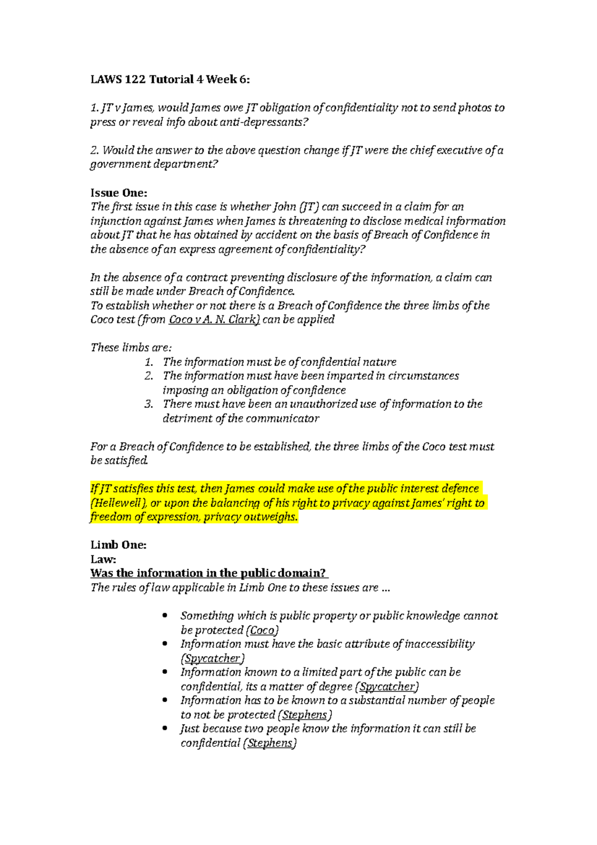 LAWS 122 Tutorial 5 Week 6 - LAWS 122 Tutorial 4 Week 6: 1. JT v James ...