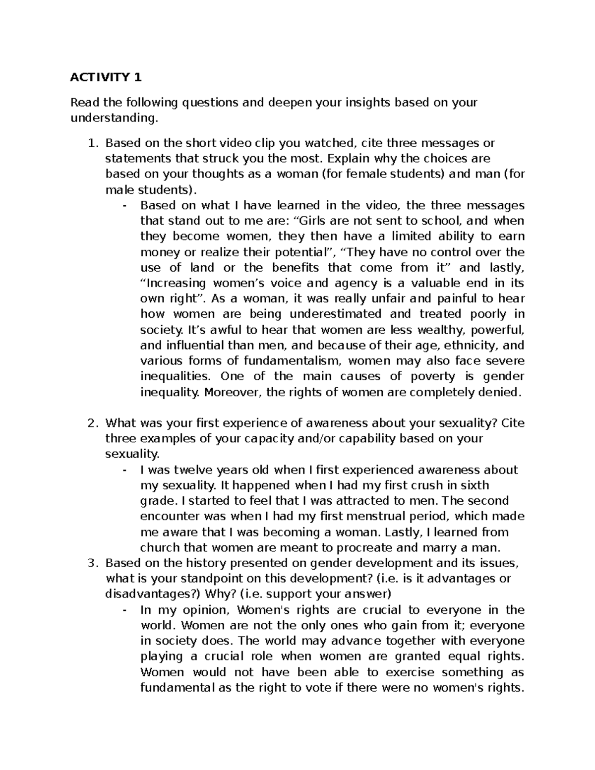 Activity 1 - essay - ACTIVITY 1 Read the following questions and deepen ...