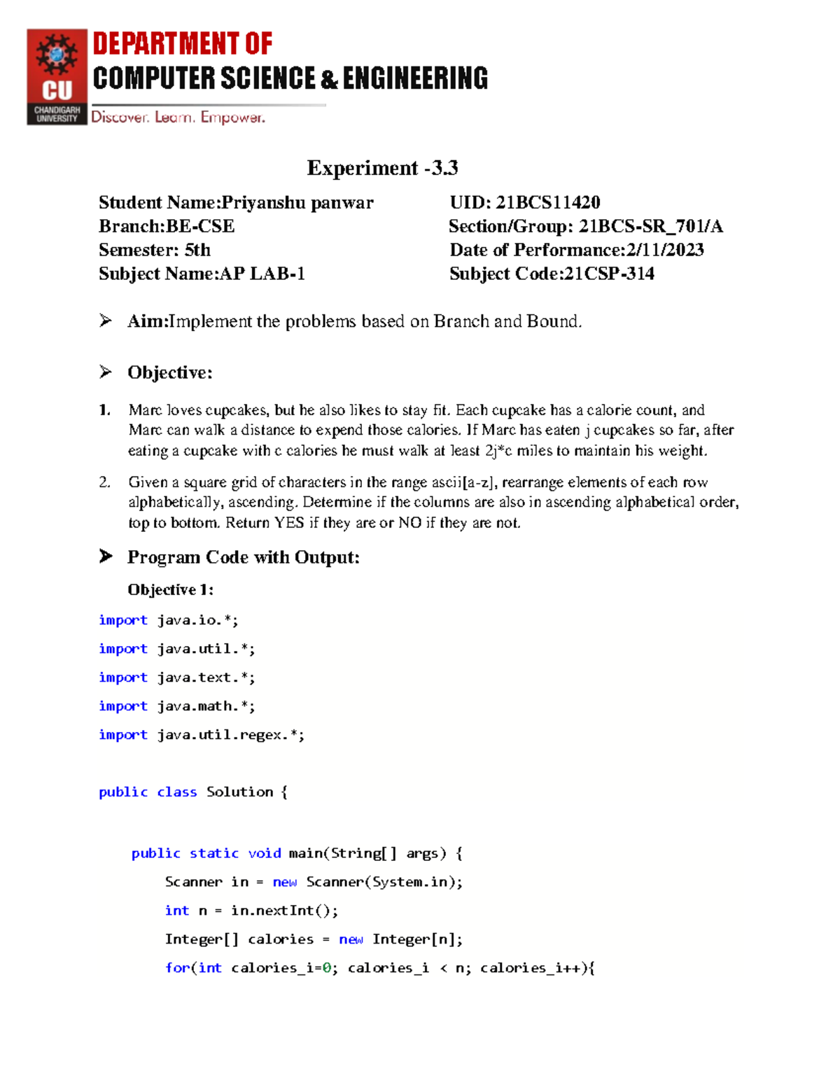 3 - Ap worksheet - COMPUTER SCIENCE & ENGINEERING Experiment - 3. 3 ...