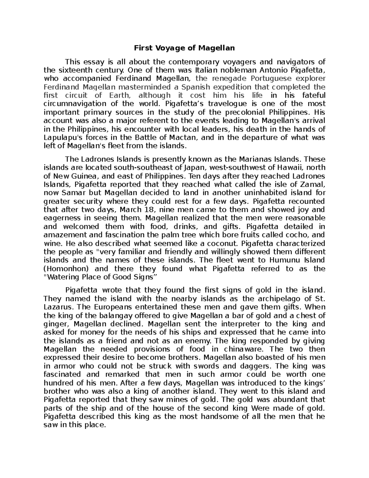 First Voyage of Magellan essay - One of them was Italian nobleman ...