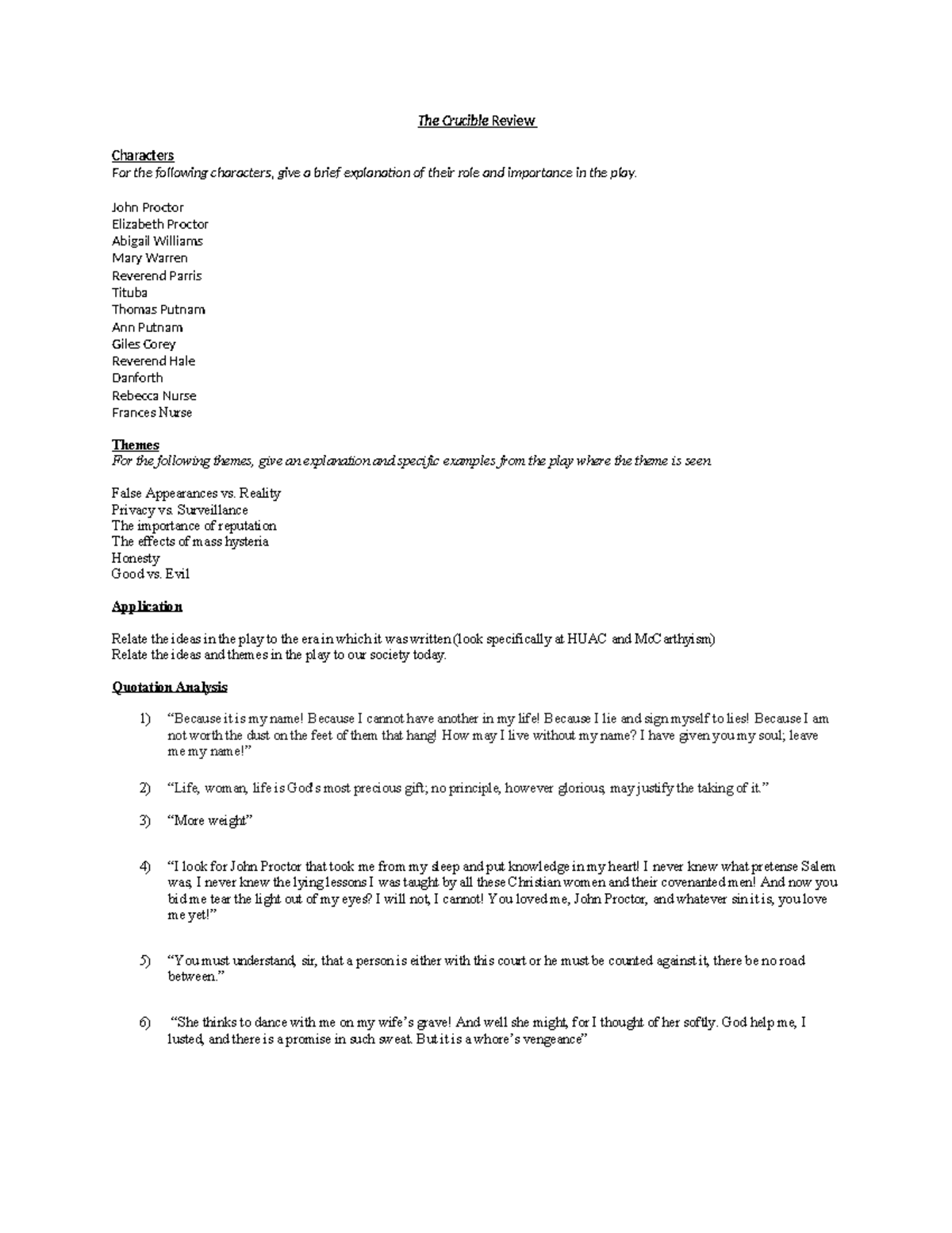 The Crucible Review - The Crucible Review Characters For the following ...