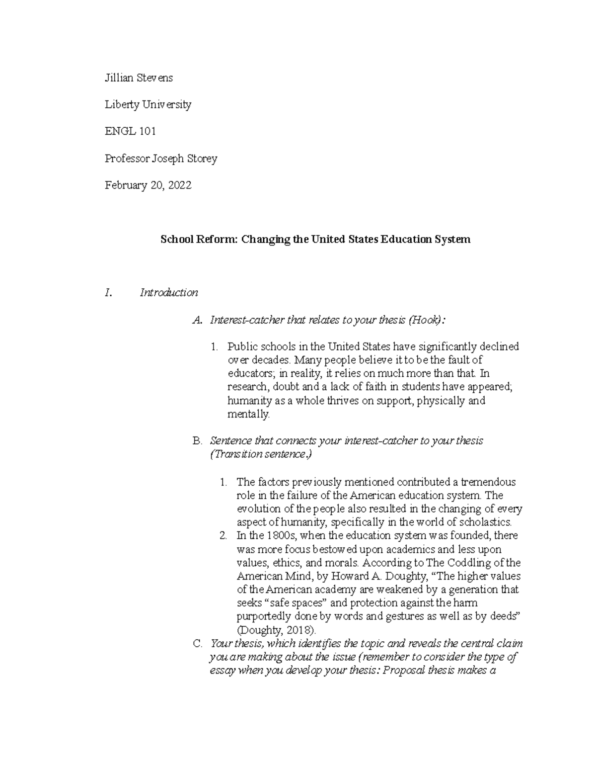 School Reform - Essay outline - Jillian Stevens Liberty University ENGL ...
