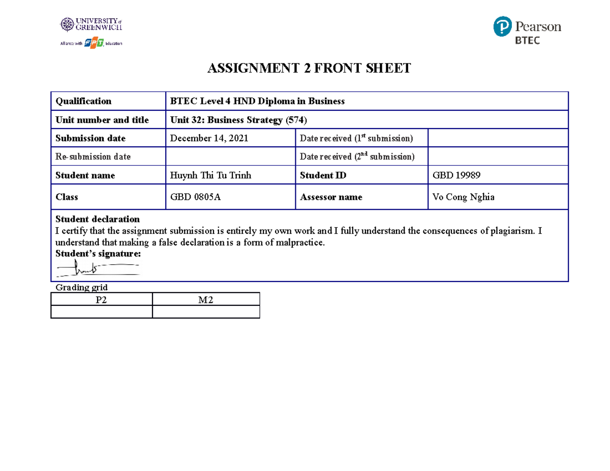 Pizza HUT - ASM 2 - 574 - ASSIGNMENT 2 FRONT SHEET Qualification BTEC Level 4 HND Diploma in ...