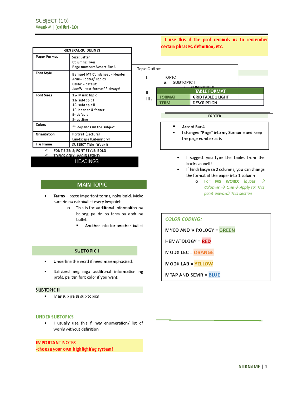 General Guidelines - Trans Template - SUBJECT (10) Week # | (calibri ...