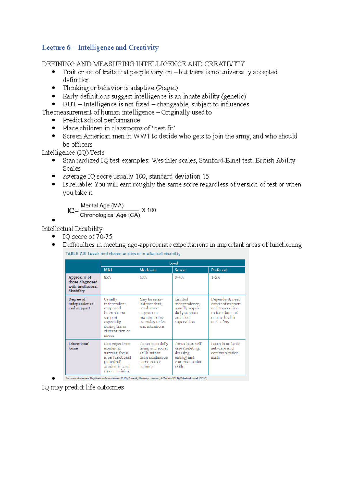 PSY286 Lecture 6 - Lecture 6 – Intelligence and Creativity DEFINING AND ...