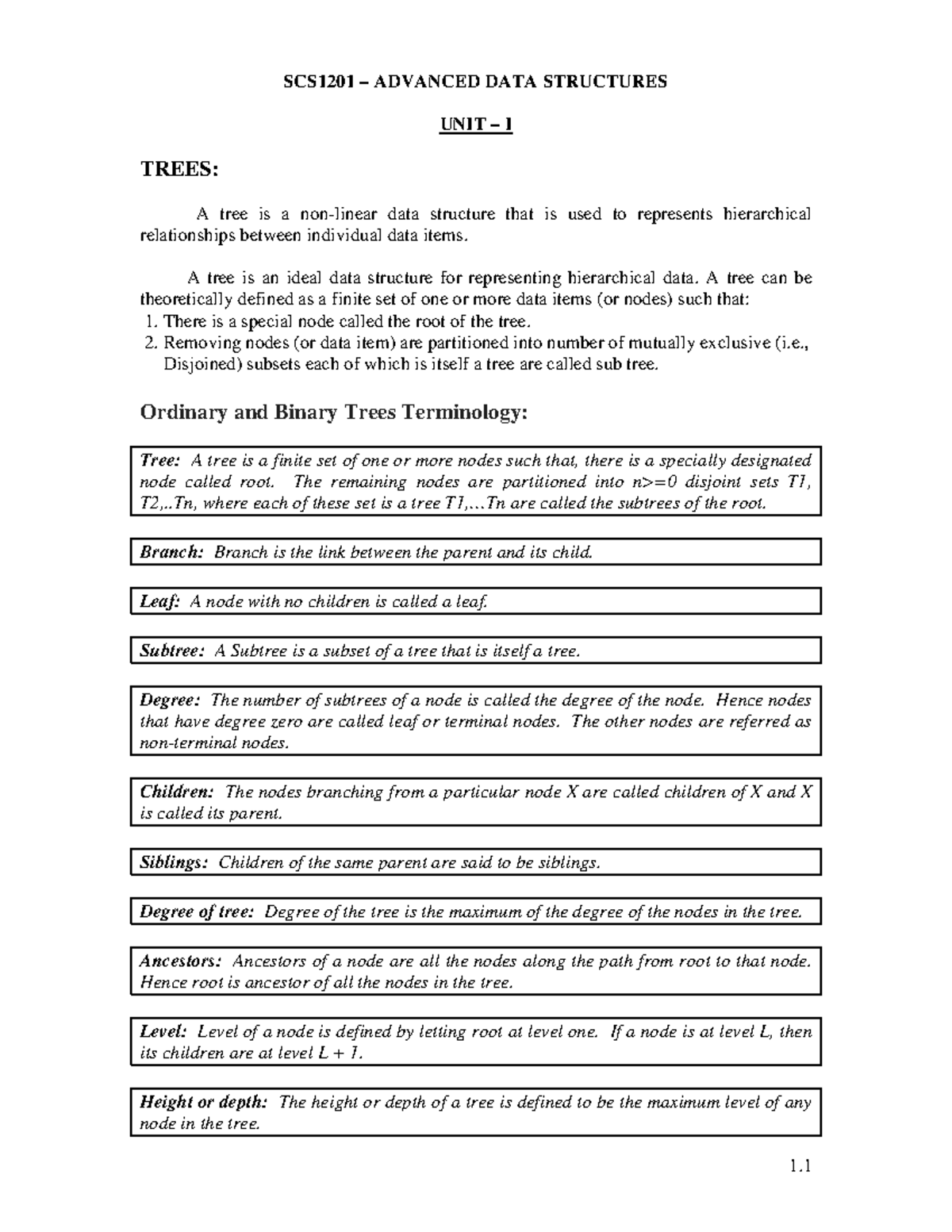 Tree Trees Scs1201 Advanced Data Structures Unit I Trees A Tree Is A Non Linear Data