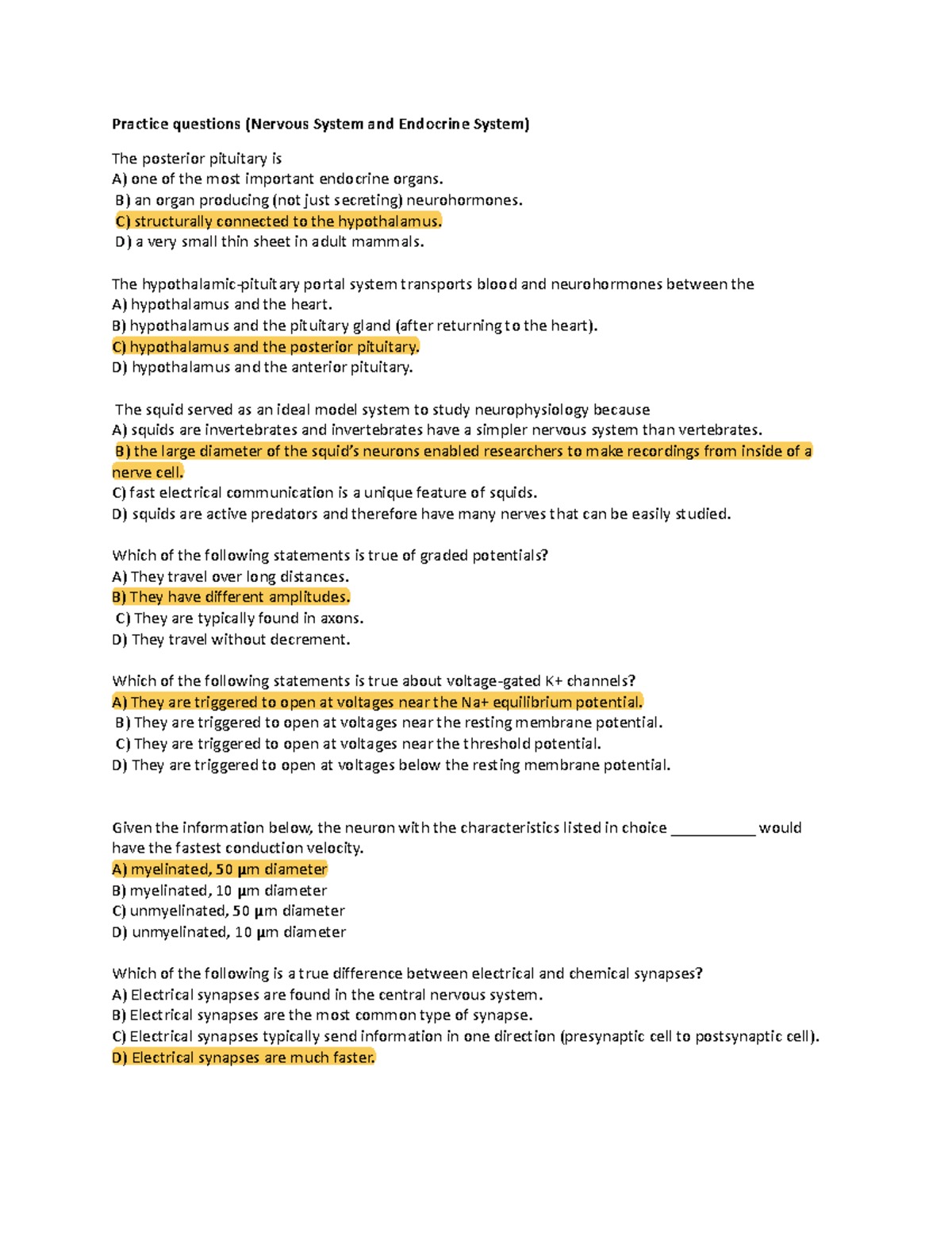 Practice Questions - test 1 - Practice questions (Nervous System and ...
