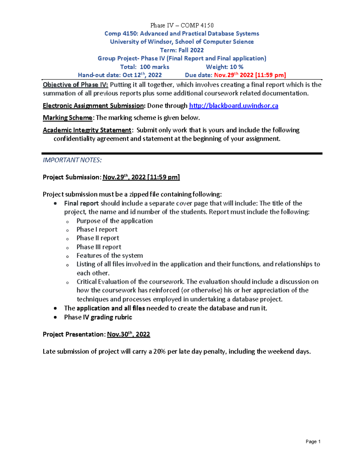 Phase IV - Electronic Assignment Submission: Done through blackboard ...