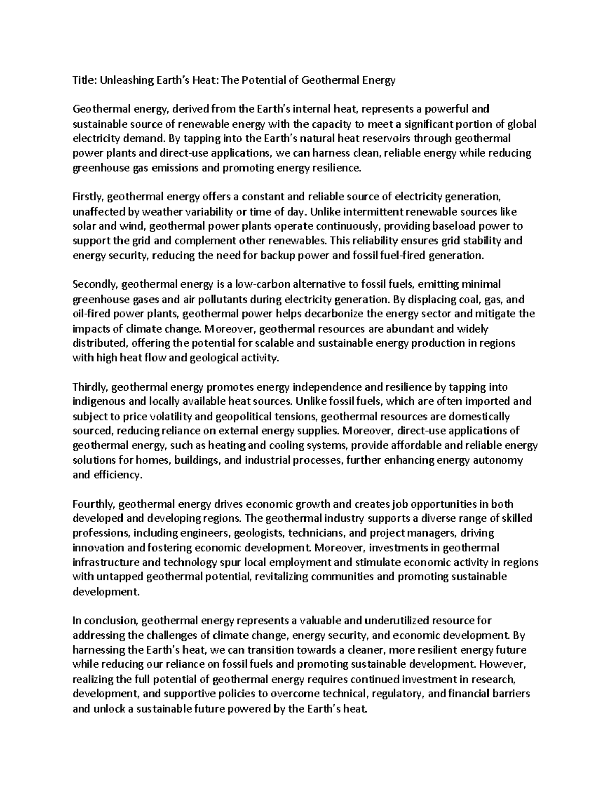Geo - essay for geothermal energy - Title: Unleashing Earth's Heat: The ...