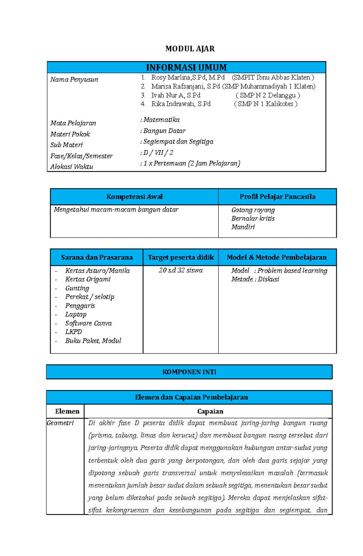 Modul AJAR Bimtek - MODUL AJAR INFORMASI UMUM Nama Penyusun Mata ...