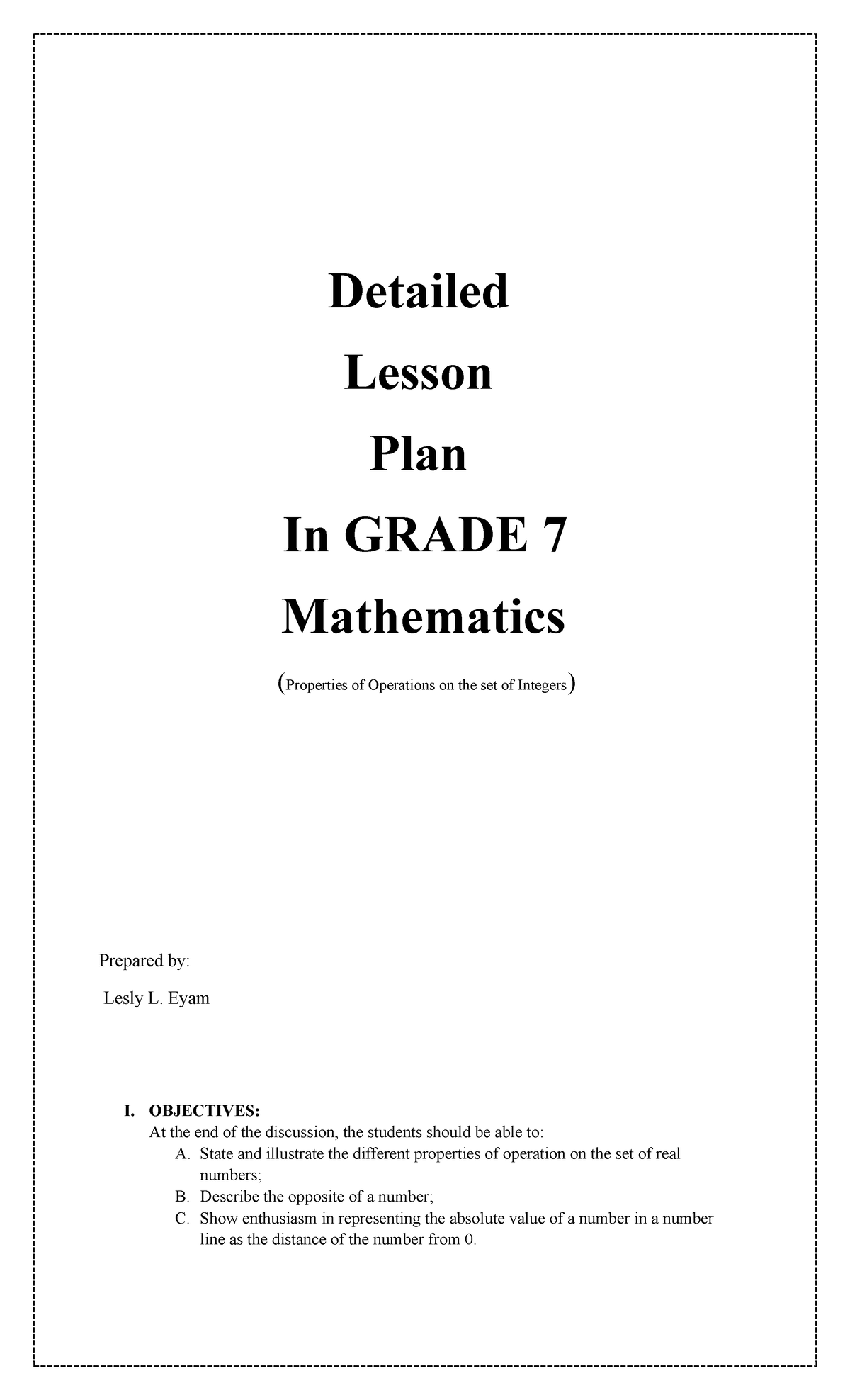 DLP 1 - Lesson plan - Detailed Lesson Plan In GRADE 7 Mathematics ...