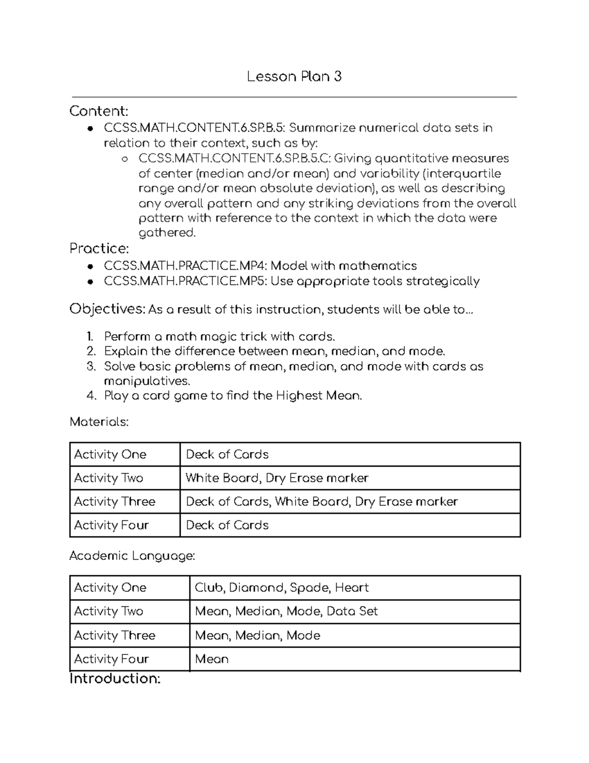 CIEP 104 Lesson Plan 3 - Lesson Plan 3 Content: CCSS.MATH.CONTENT.6.SP ...