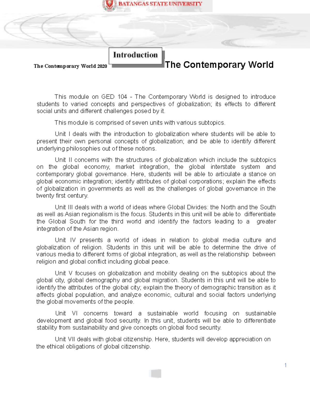 THE Contemporary World - UNIT 1 - The Contemporary World 2020 The ...