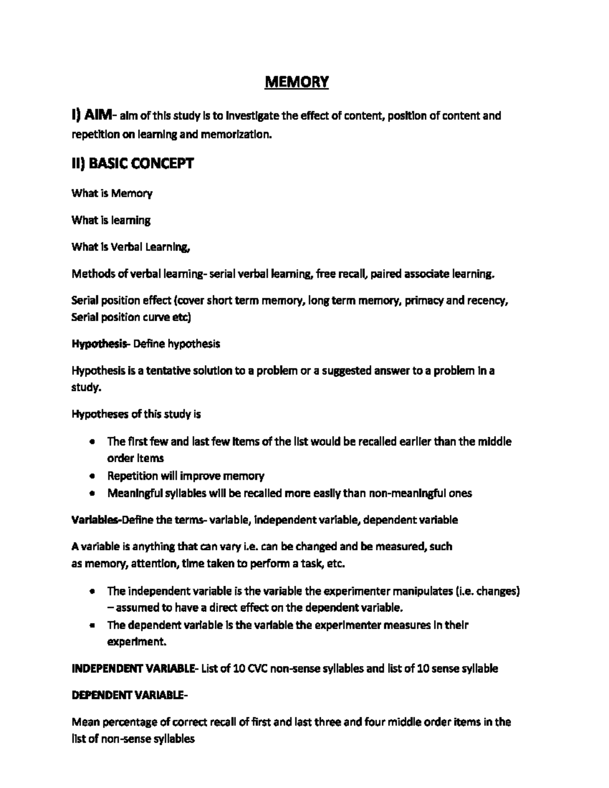 Project - MEMORY I) aim of this study is to investigate the effect of ...