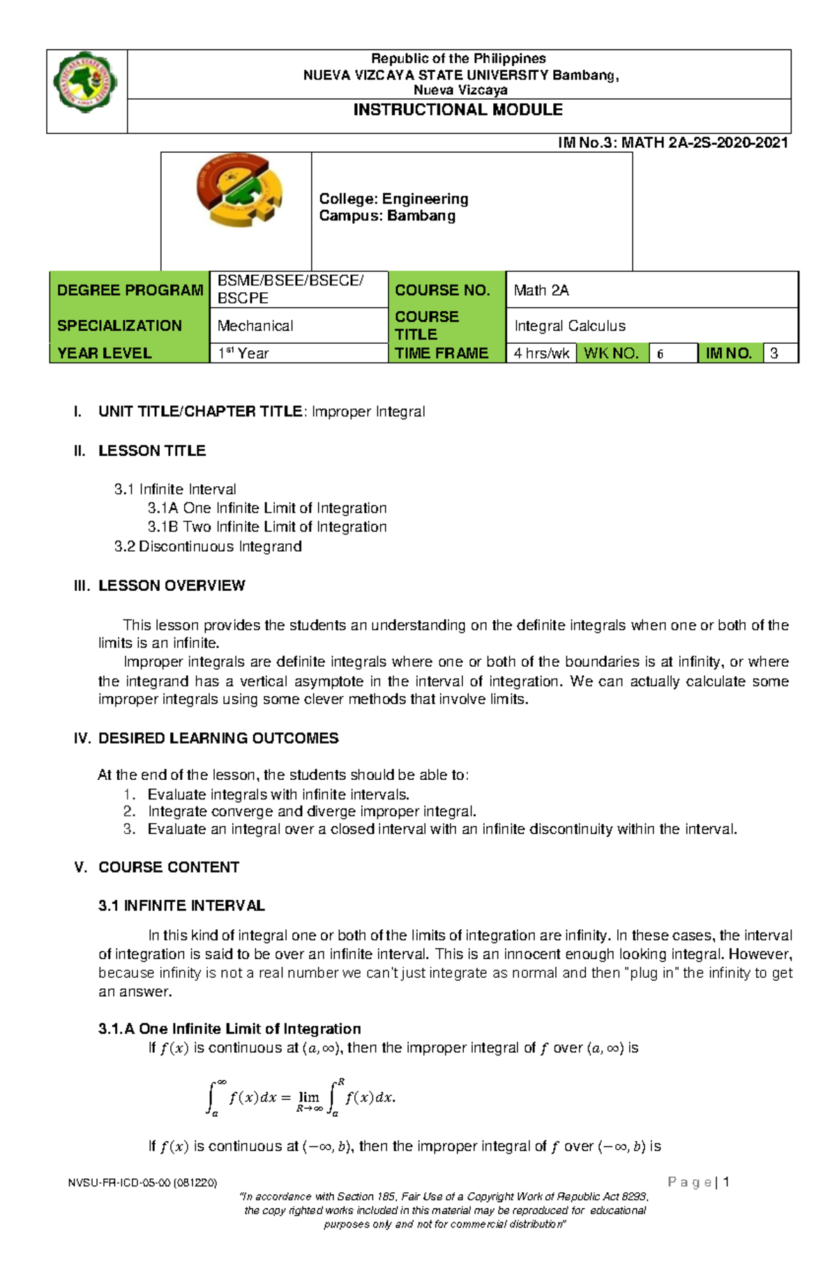 Integral Calculus Lecture Notes - IM No: MATH 2A-2S-2020- NVSU-FR-ICD ...