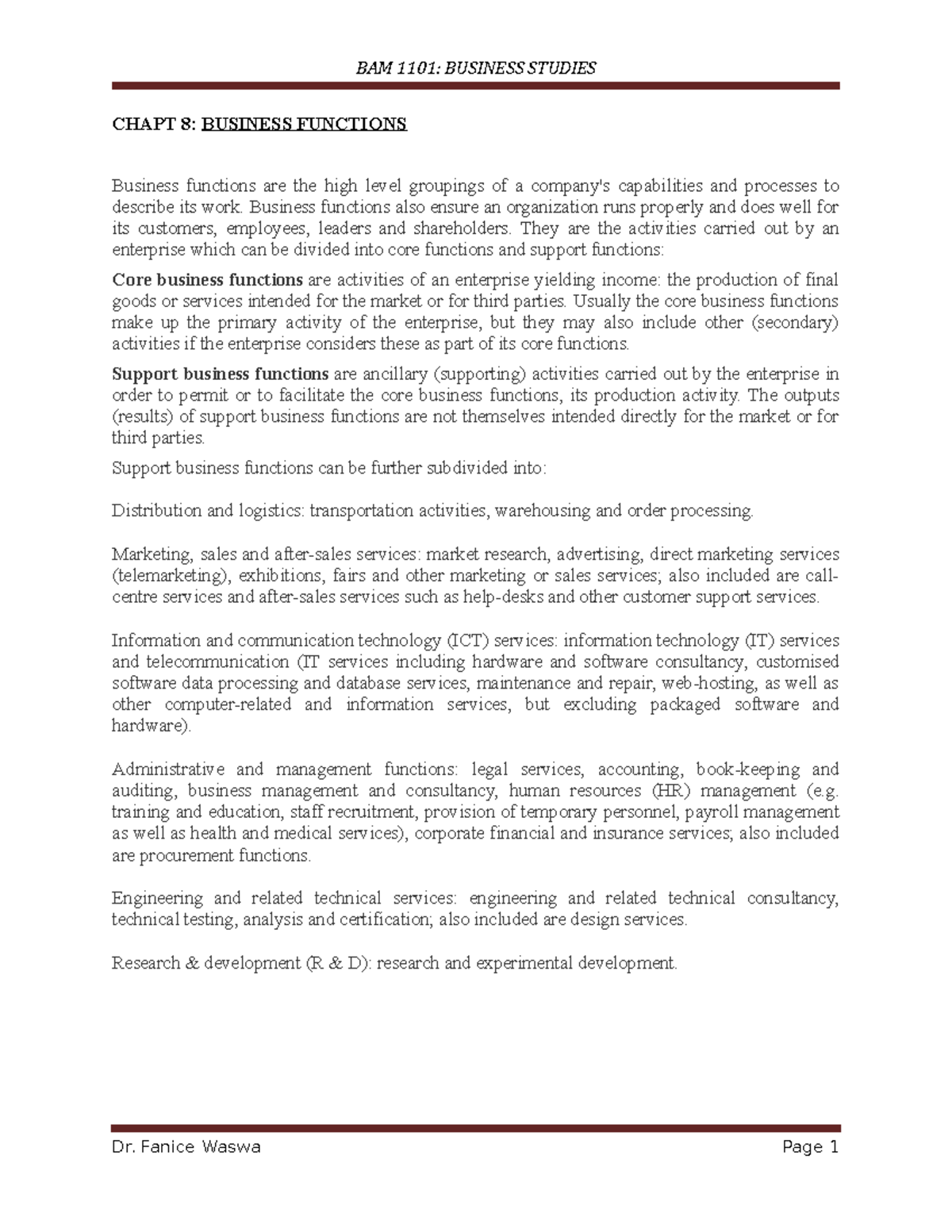 Chapt 8 - Business Functions - BAM 1101: BUSINESS STUDIES CHAPT 8 ...