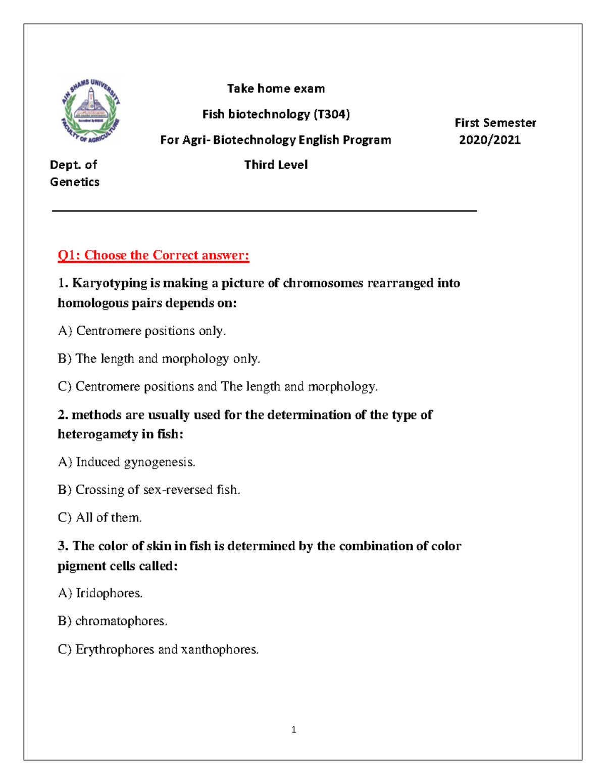 Fish take home exam - Biotechnology - First Semester 2020/ Take home ...