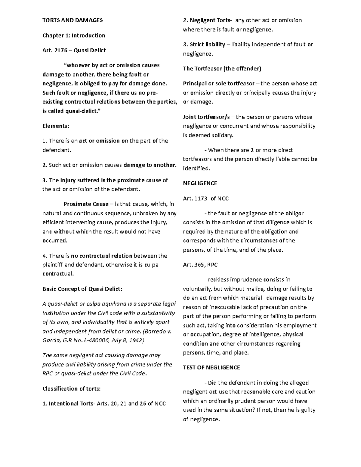 Torts and Damages - TORTS AND DAMAGES Chapter 1: Introduction Art. 2176 ...