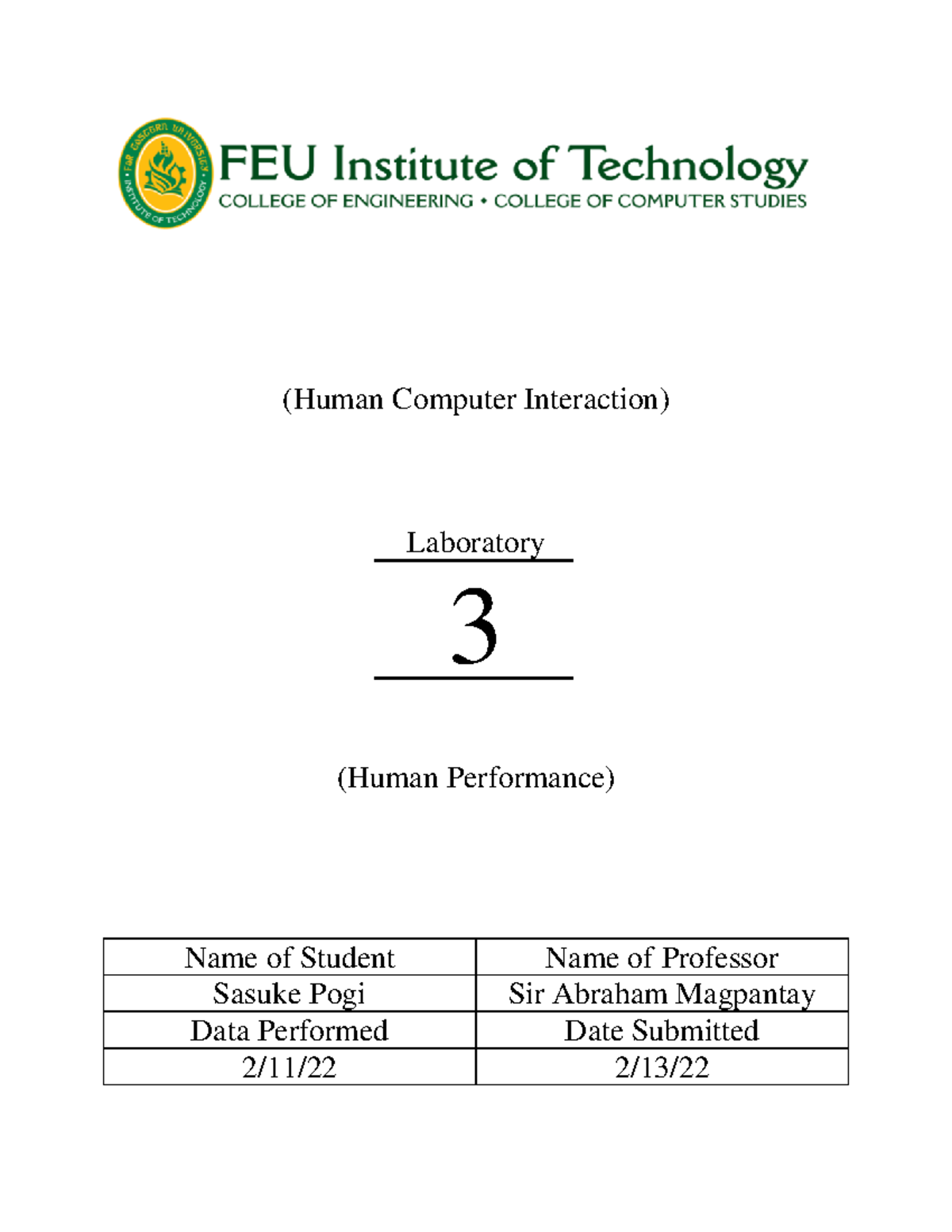 Sasuke T3 - EFHERTYERTEDFGDFG - (Human Computer Interaction) Laboratory 3 (Human Performance ...