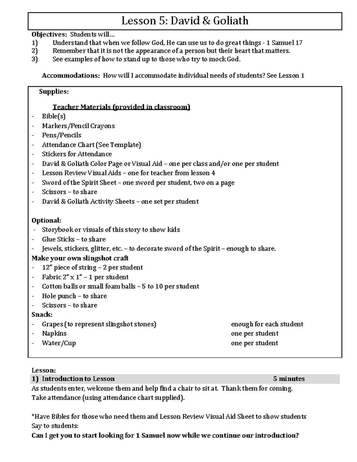 Lesson 5 - david goliath - Lesson 5: David & Goliath Objectives ...
