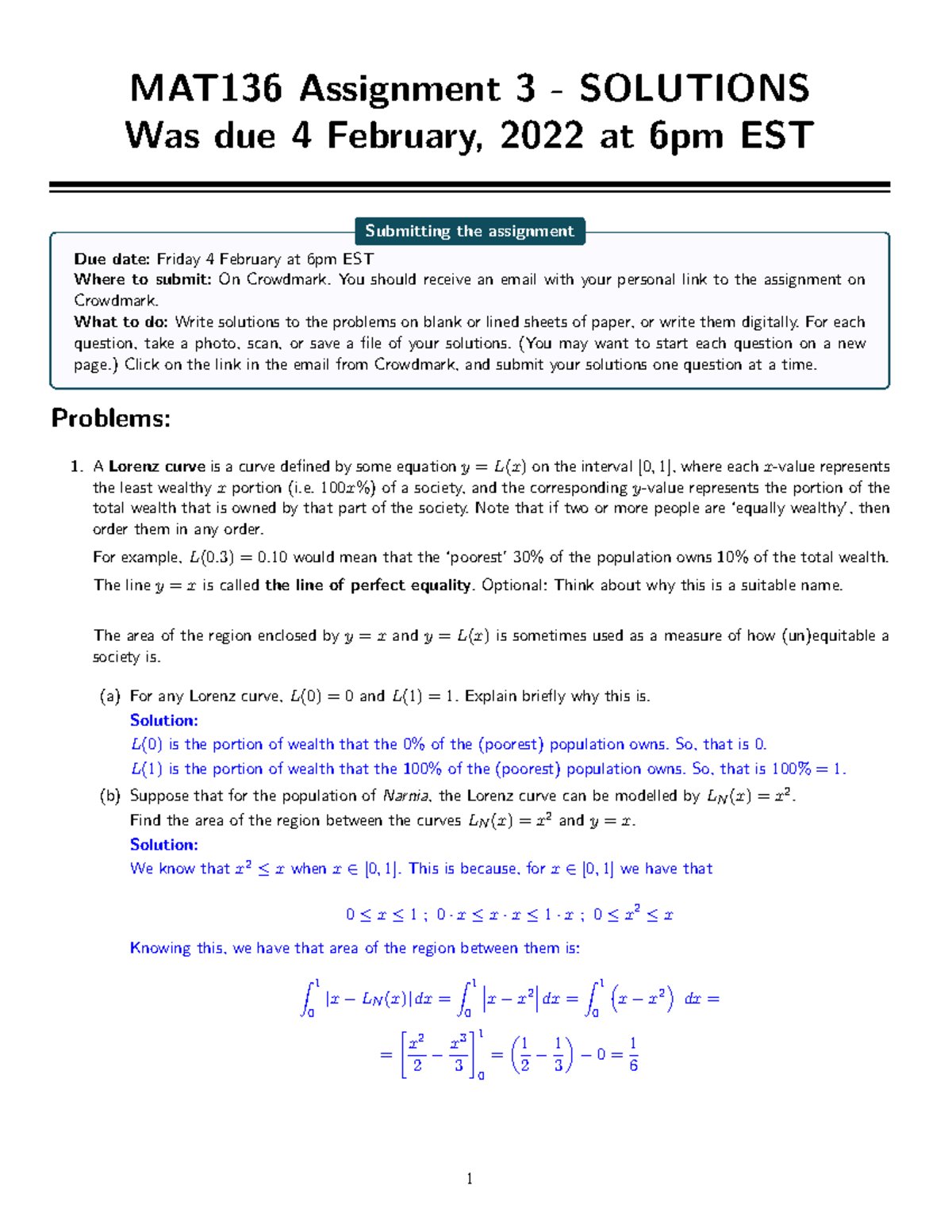 MAT136 Written Assignment 3 solutions - MAT136 Assignment 3 - SOLUTIONS Was due 4 February, 2022 ...