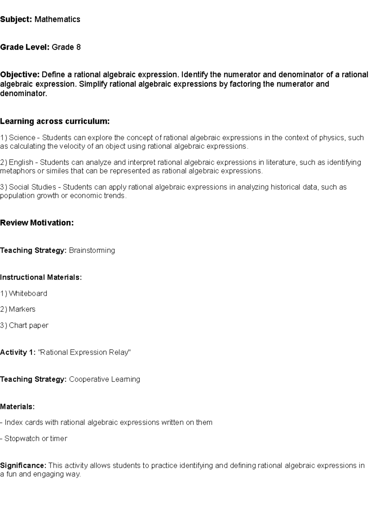 Lesson plan - Subject: Mathematics Grade Level: Grade 8 Objective ...