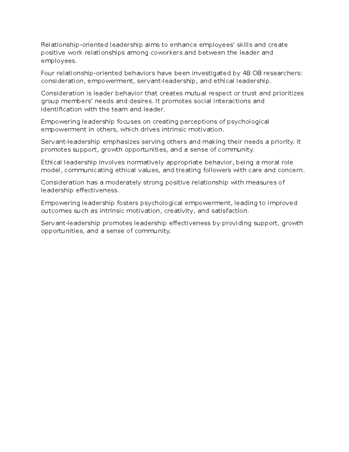 Organizational Behavior Second Note 13 - 9 - Relationship-oriented ...
