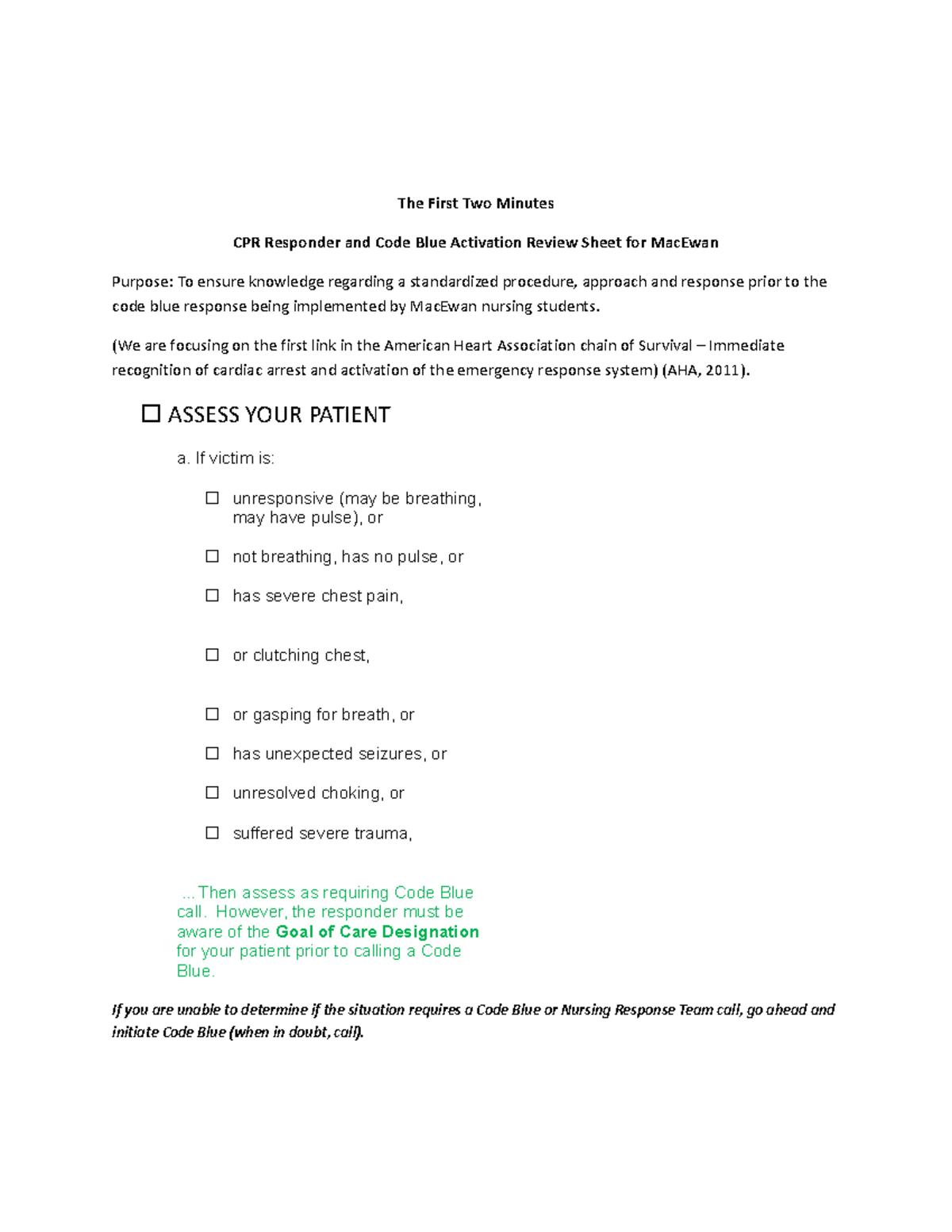 Code Blue First 2 Minutes Document - The First Two Minutes CPR ...