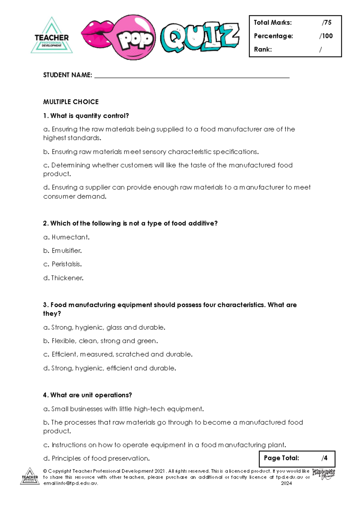 Food Manufacture Pop Quiz - 1 © Copyright Teacher Professional ...