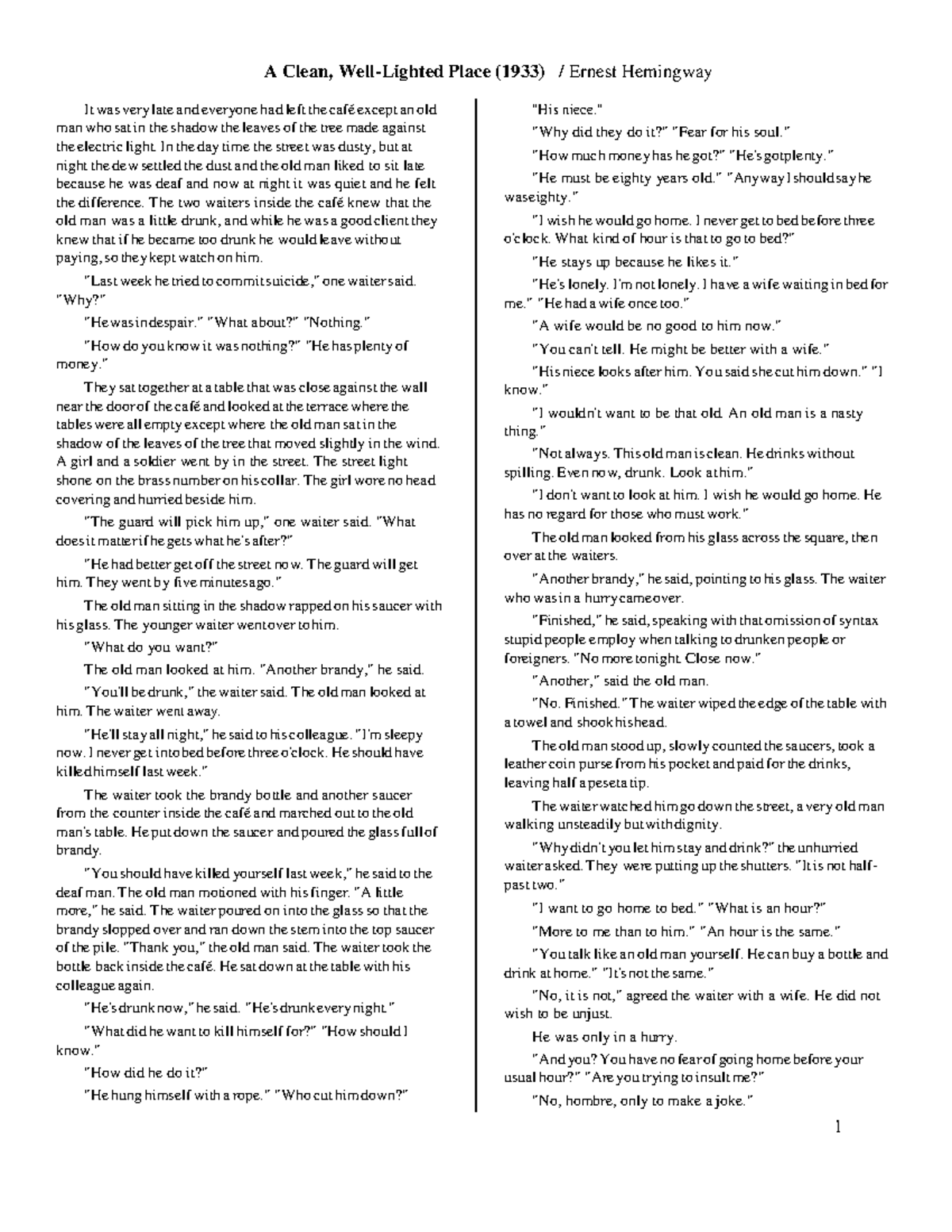 A Clean Well Lighted Place-Ernest Hemingway - 1 A Clean, Well-Lighted ...