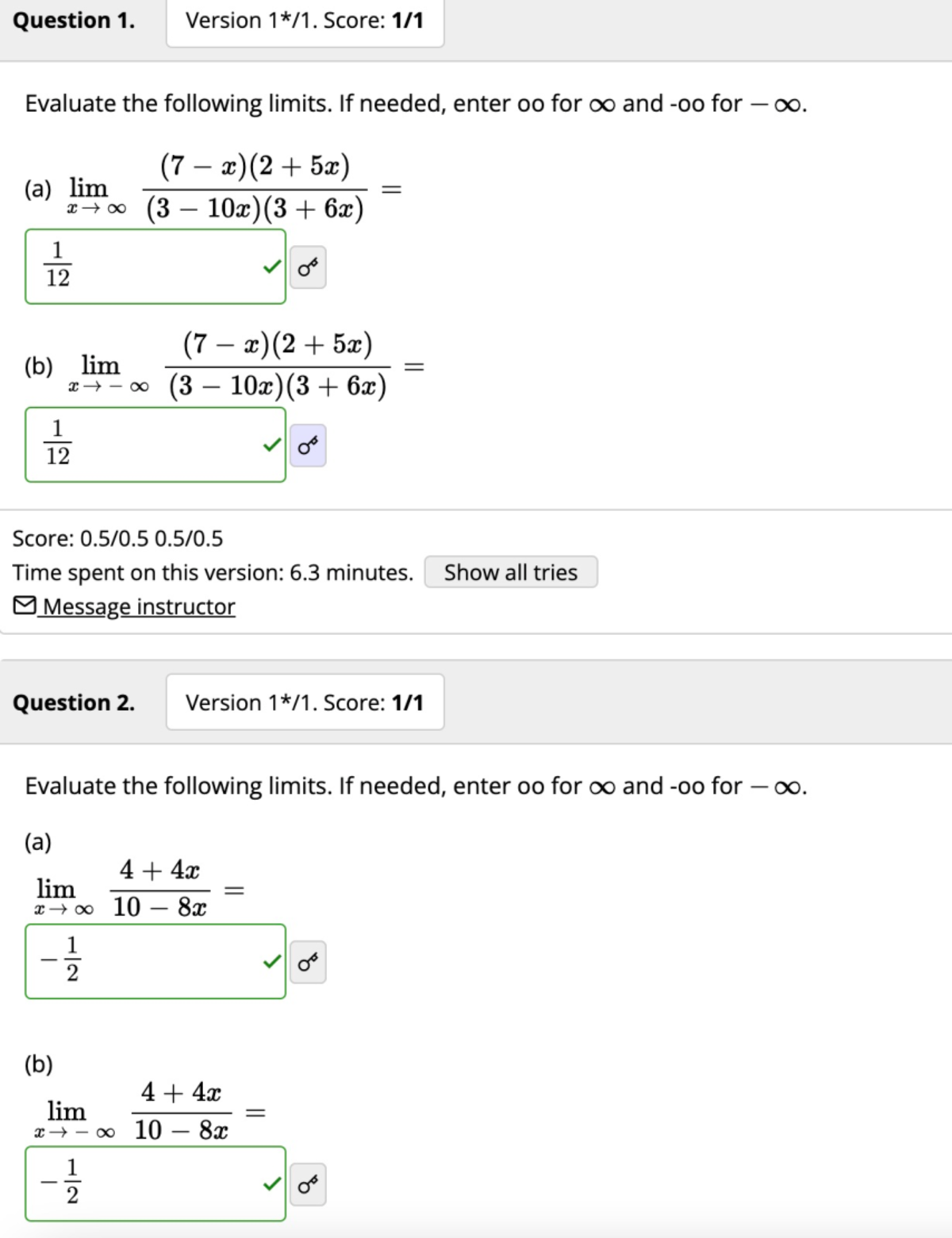 Stewart 2 - Question 1. Version Score: Evaluate the following limits ...