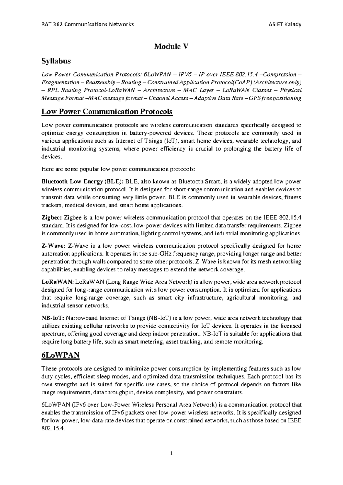 Communication Networks Module 5 Notes - Module V Syllabus Low Power ...
