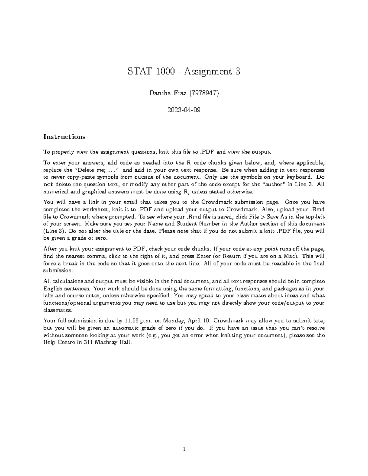 STAT 1000 Assignment 3 Shell - STAT 1000 - Assignment 3 Daniha Fiaz (7978947) 2023-04 ...