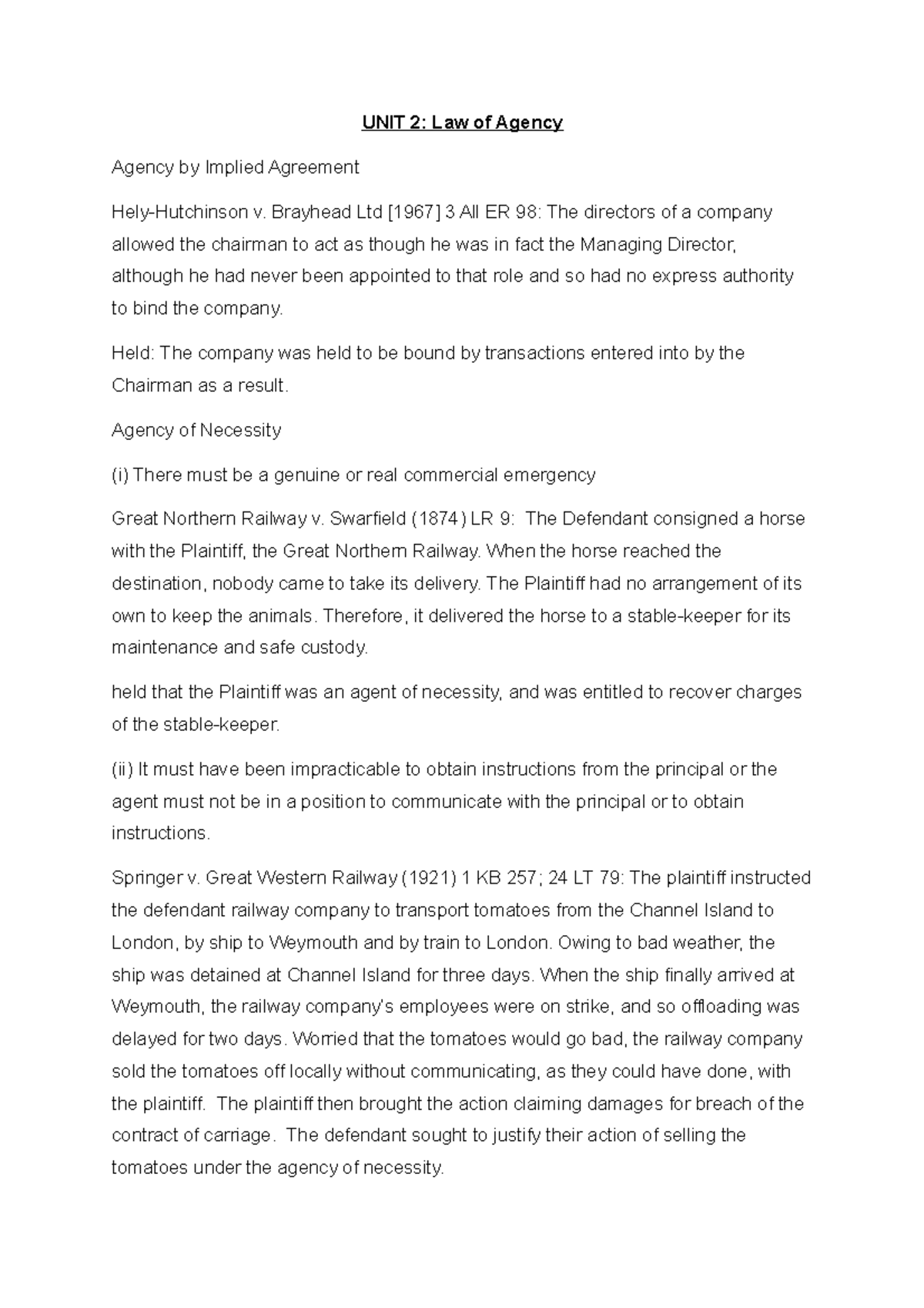 Commercial law Cases notes - UNIT 2: Law of Agency Agency by Implied ...