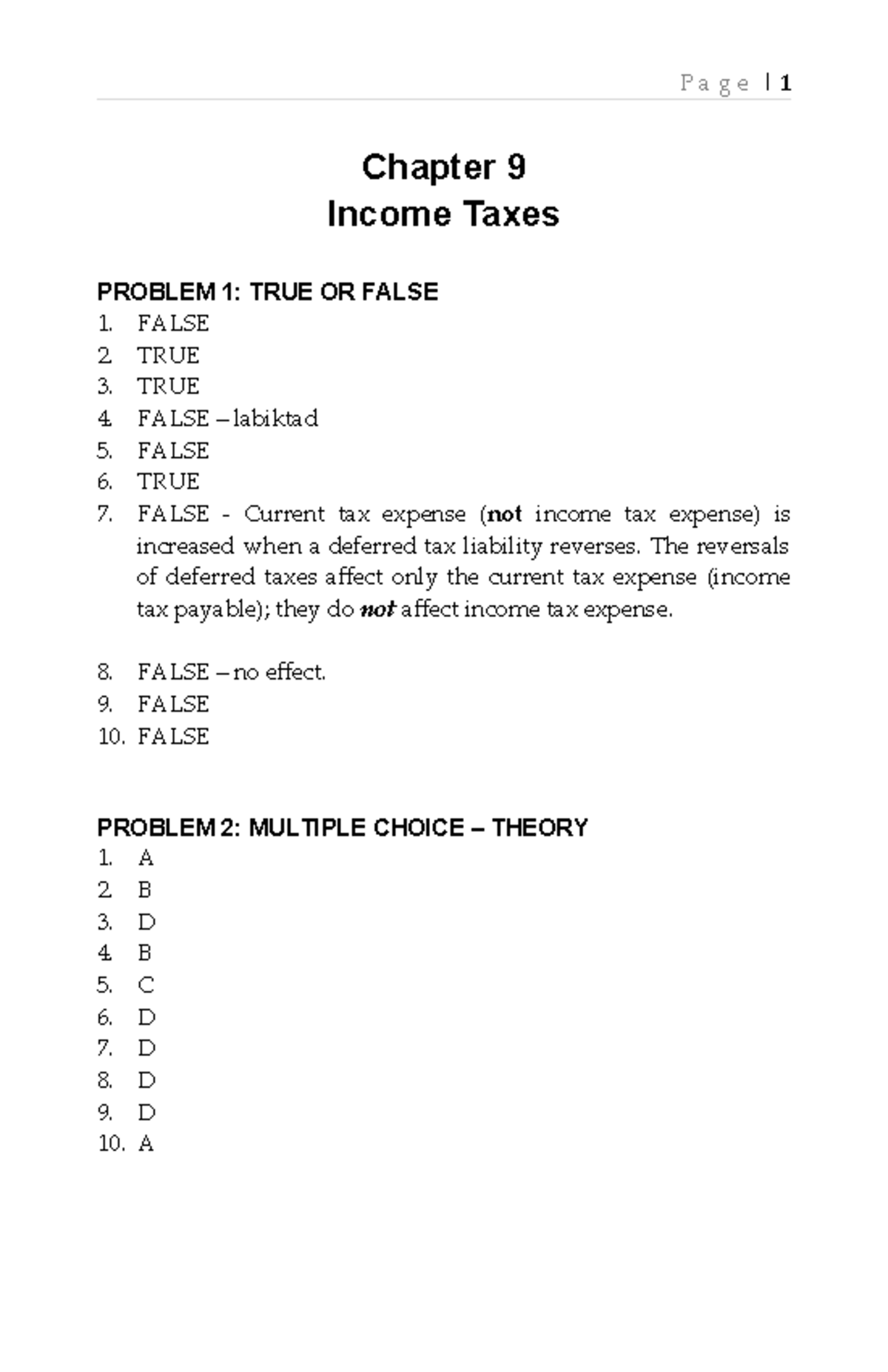 Scribd - sts lecture - Chapter 9 Income Taxes PROBLEM 1: TRUE OR FALSE ...