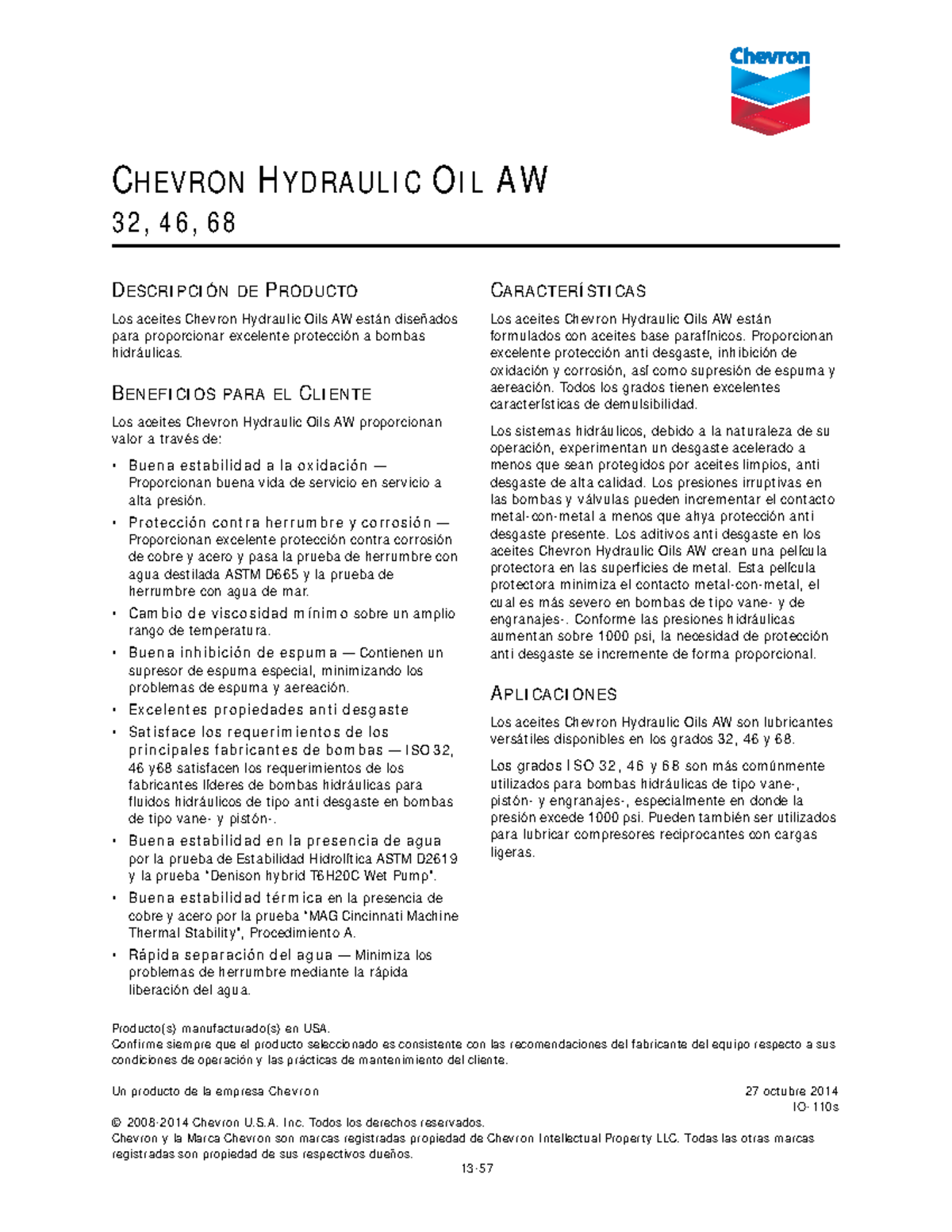Chevron Hydraulic OIL AW ISO 68 - Producto(s) manufacturado(s) en USA ...