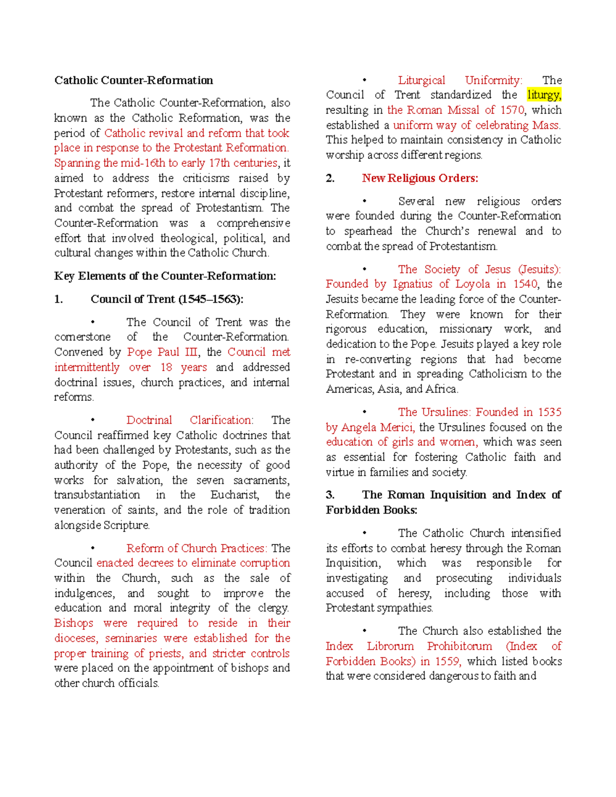 Catholism - notes - Catholic Counter-Reformation The Catholic Counter ...
