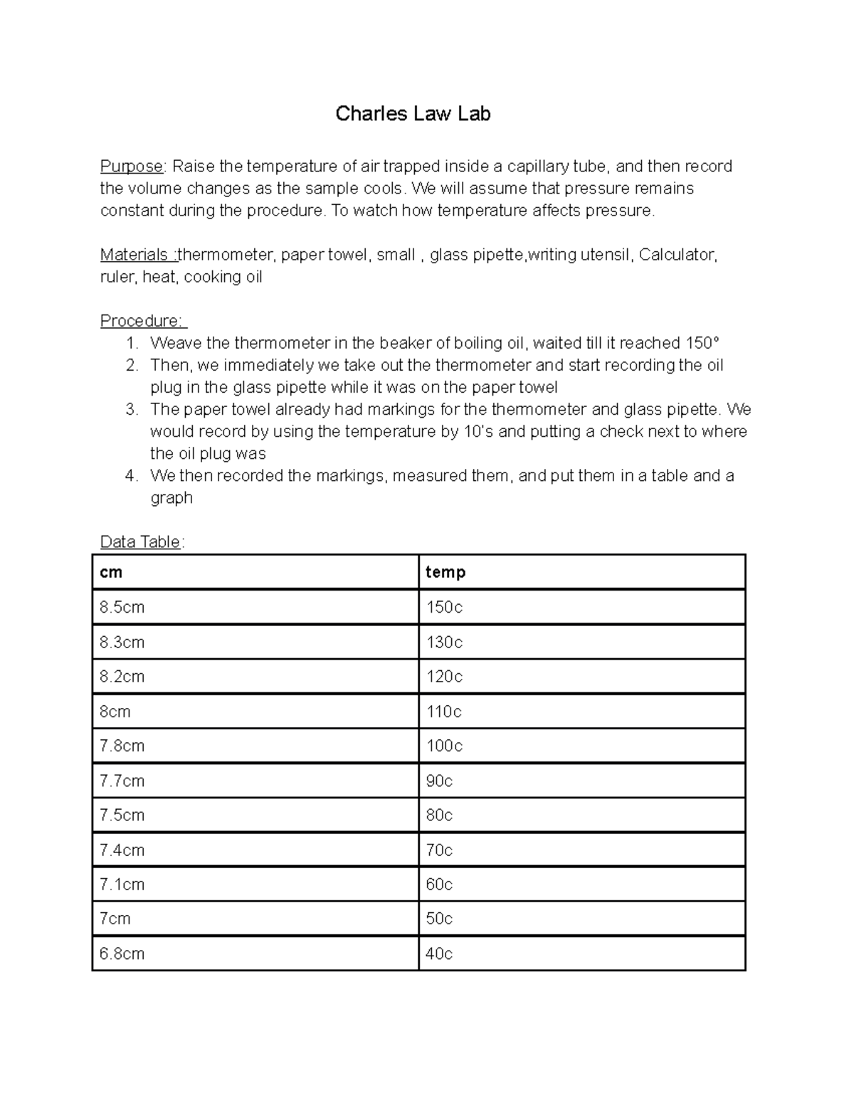 Charles Law Lab - Charles Law Lab Purpose: Raise the temperature of air ...