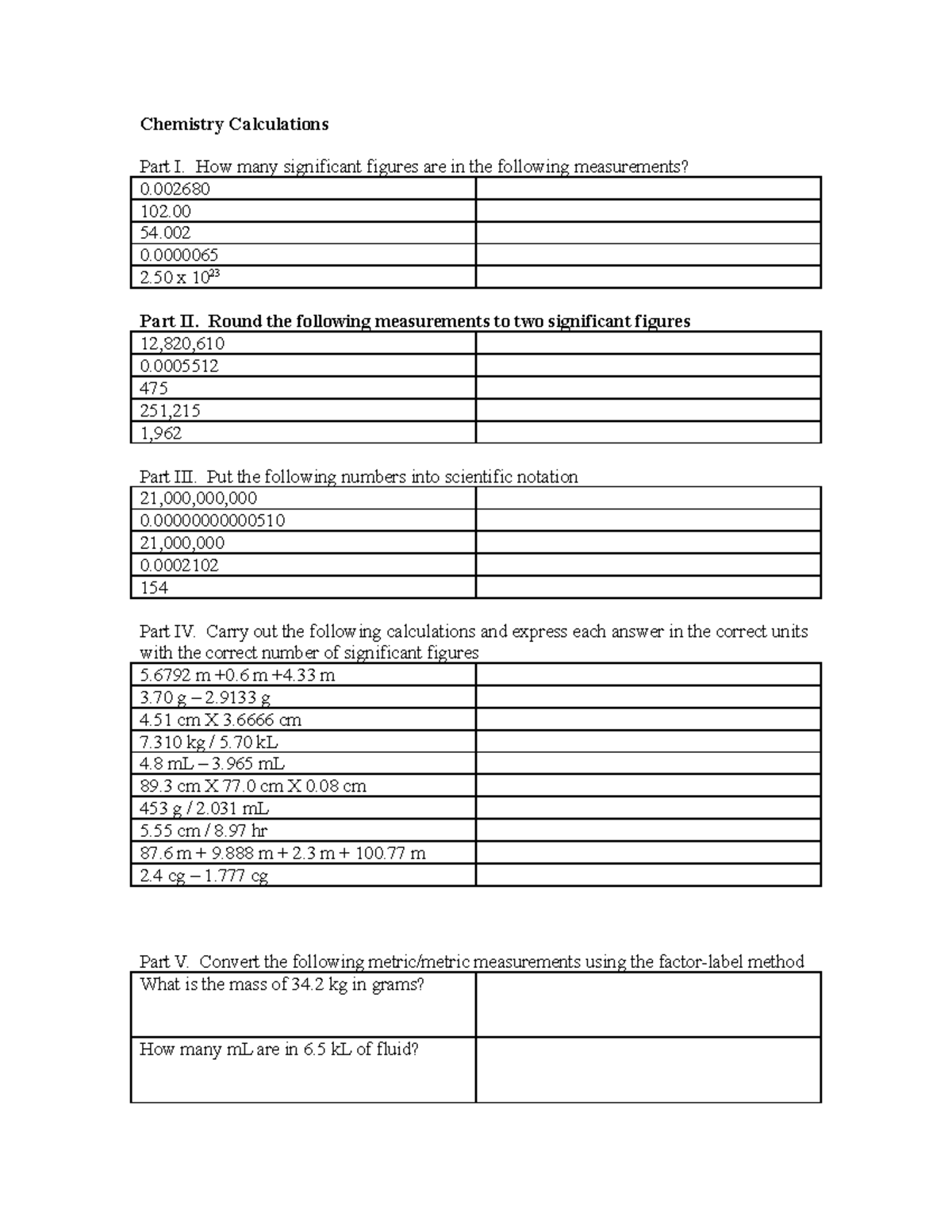 Chemistry Calculations Worksheet - Chemistry Calculations Part I. How ...
