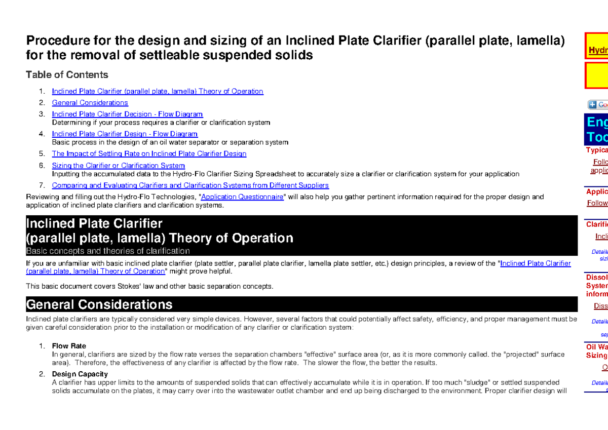 Clarifier Design - Inclined Plate Clarifier (parallel plate, lamella ...