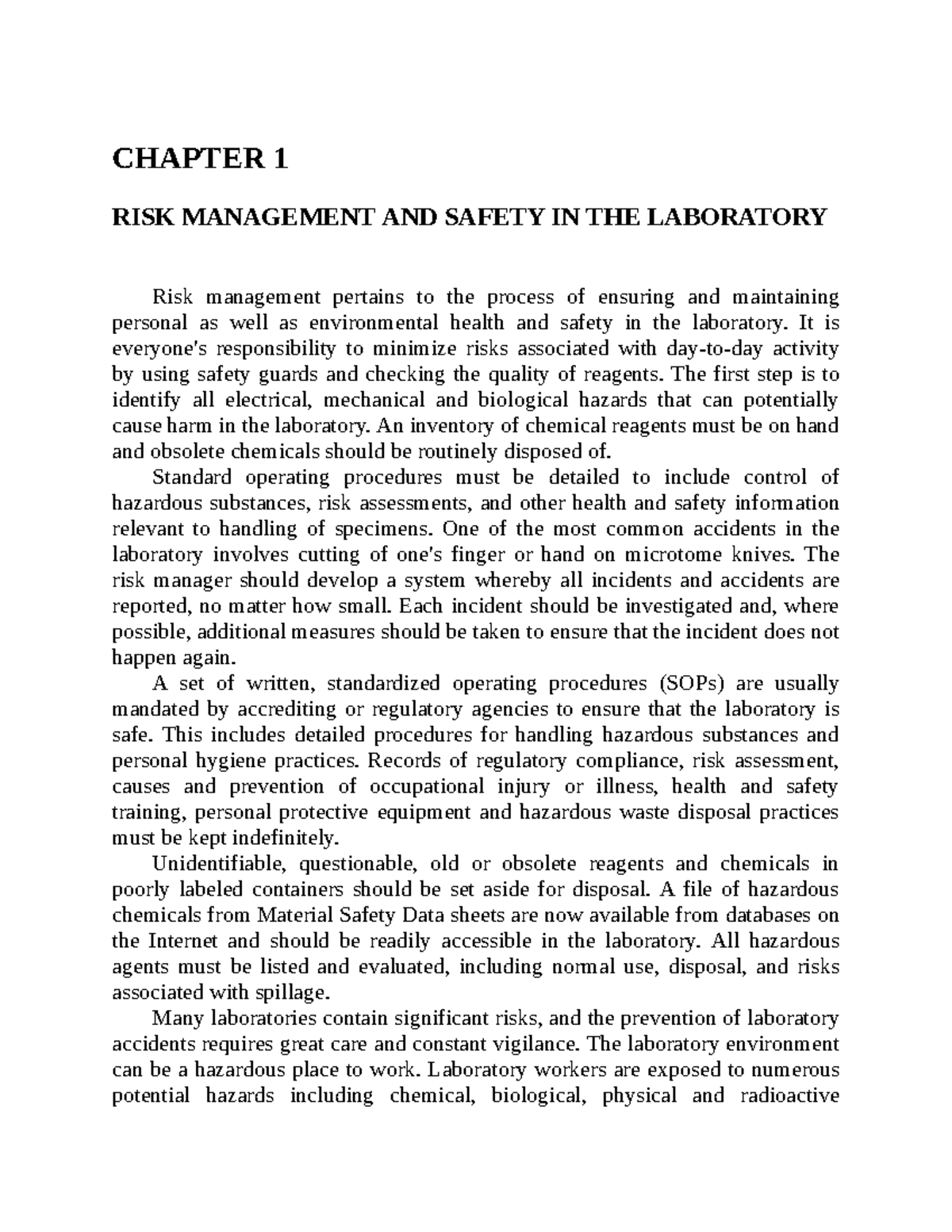 Chapter 1-2 - NOTES - CHAPTER 1 RISK MANAGEMENT AND SAFETY IN THE ...