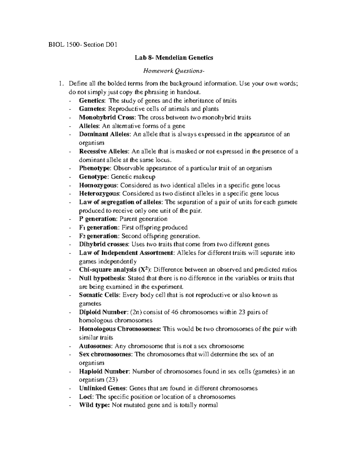 Lab 8 Mendelian Genetics - BIOL 1500- Section D Lab 8- Mendelian ...