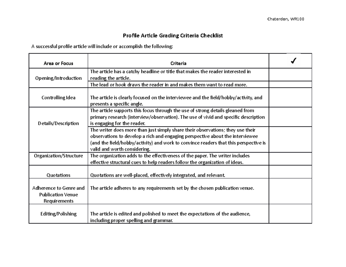 Profile+Article+Grading+Criteria+Checklist - Chaterdon, WR Profile ...