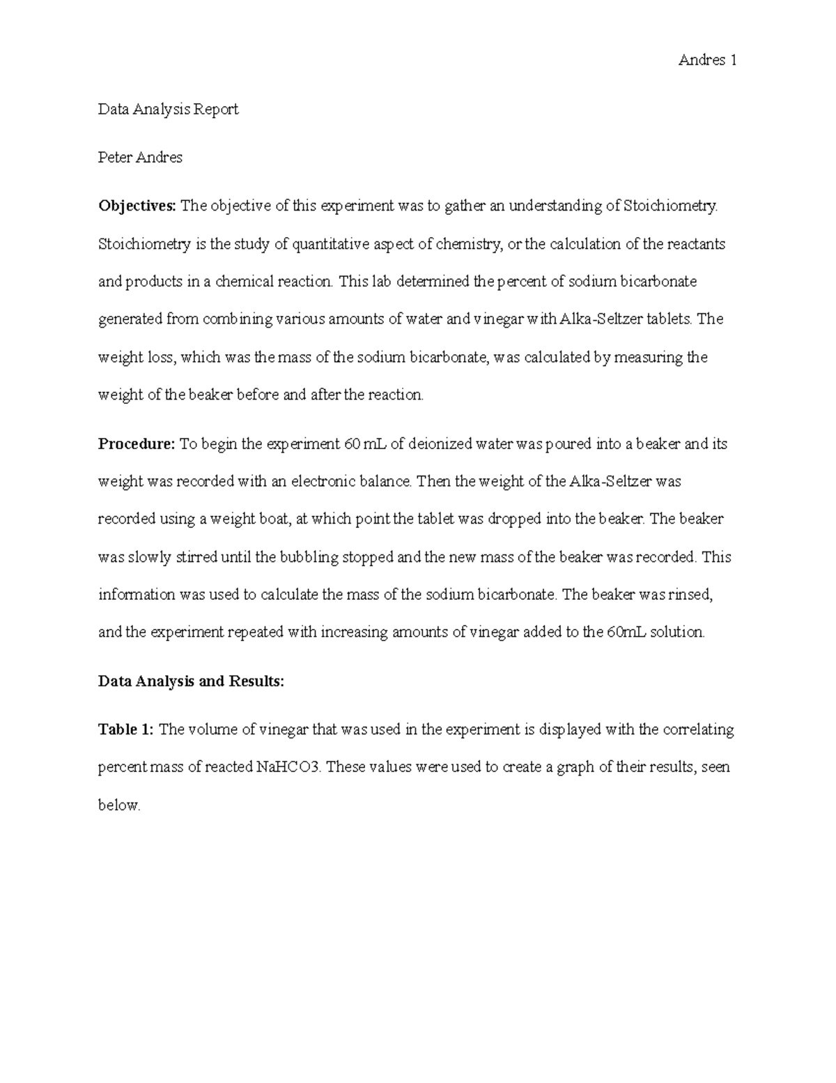 Alka Seltzer Lab Report - Andres 1 Data Analysis Report Peter Andres ...
