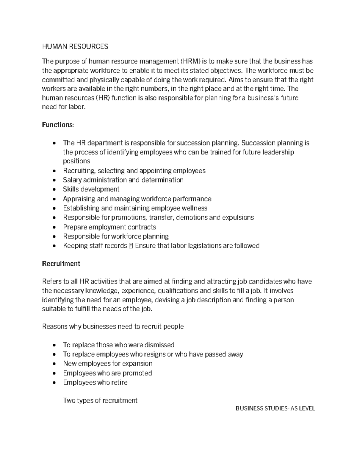 Human Resource - notes - HUMAN RESOURCES The purpose of human resource ...