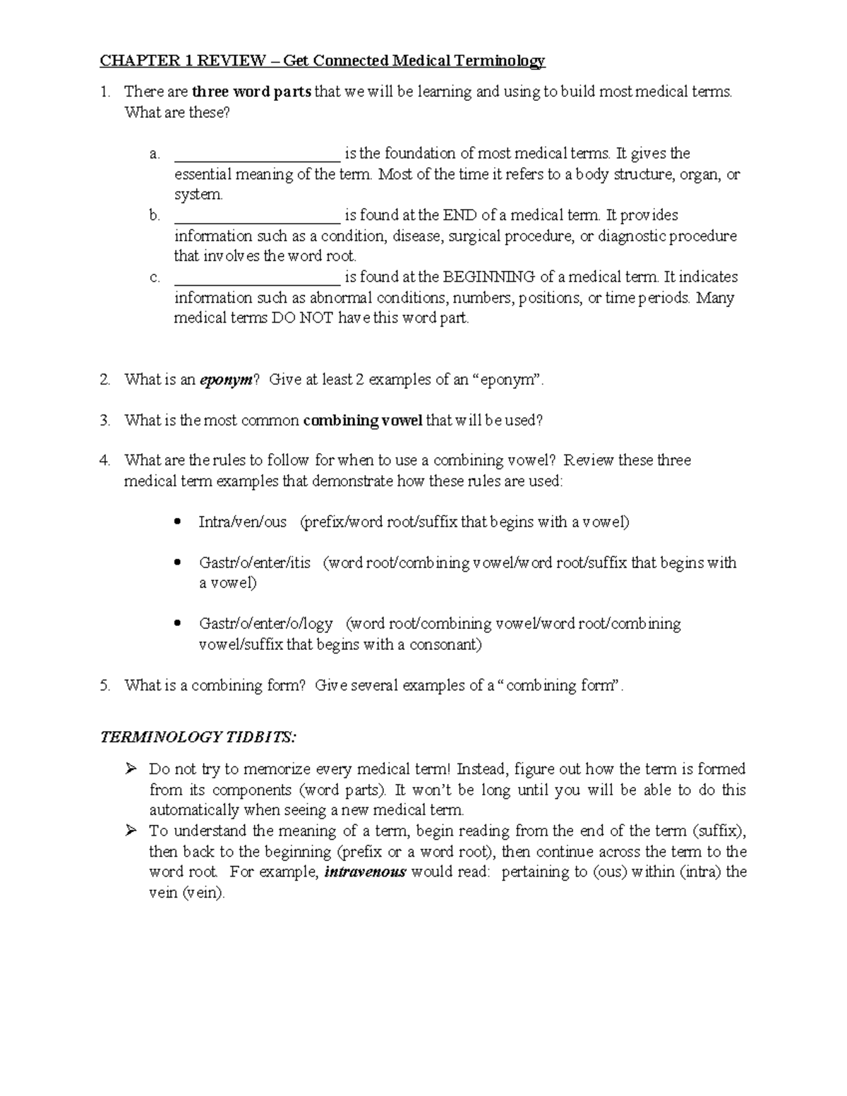 Chapter 1 Review Sheet - CHAPTER 1 REVIEW – Get Connected Medical ...