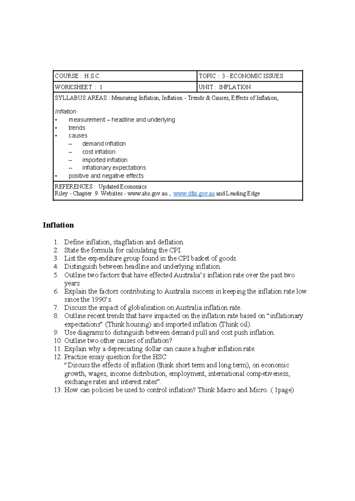3B - Inflation Worksheet - COURSE : H.S. TOPIC : 3 - ECONOMIC ISSUES ...